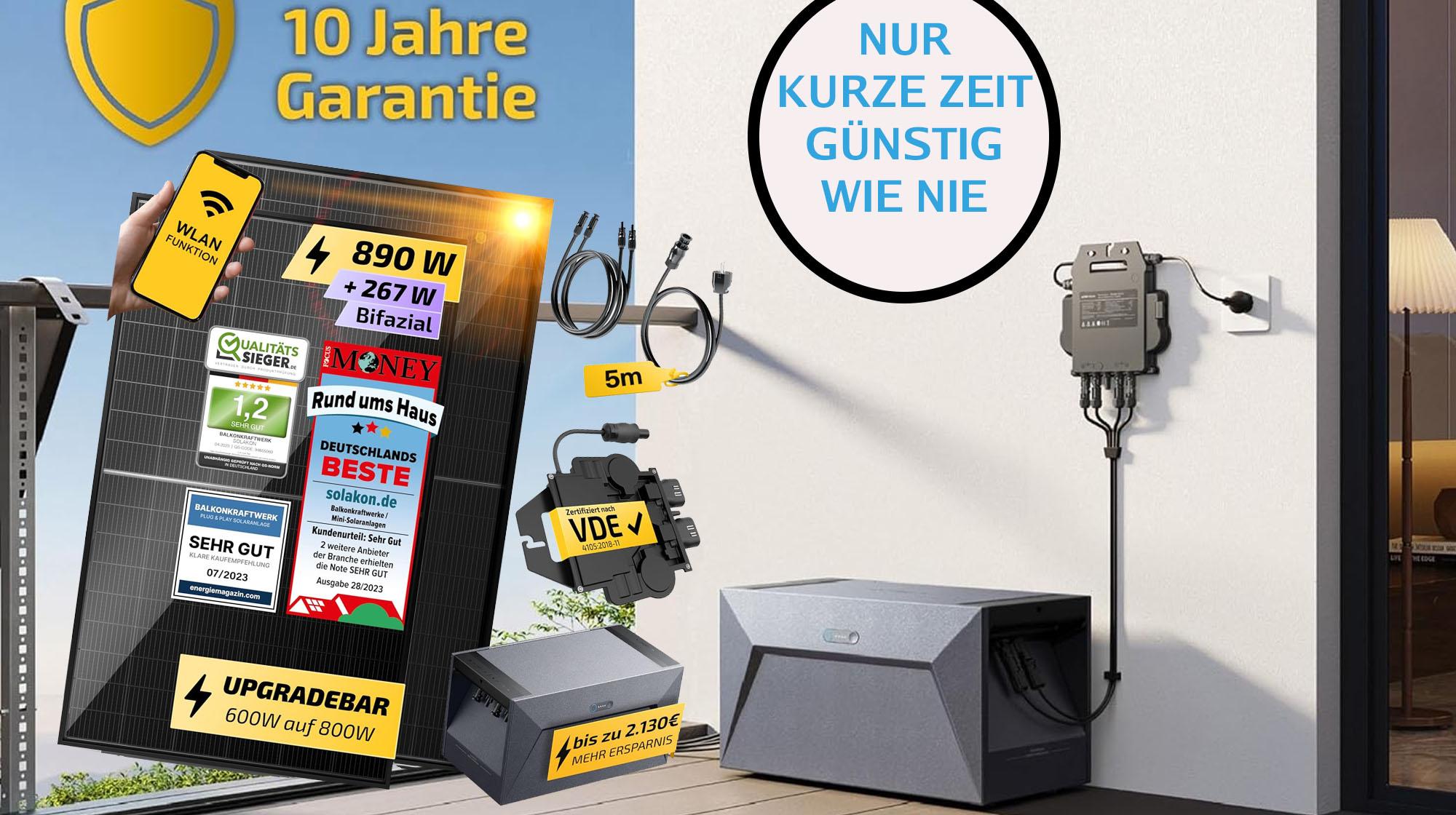 Nur kurz! Balkonkraftwerk mit Speicher nie günstiger: Solakon 890W/800W bei Amazon als Komplett-Set